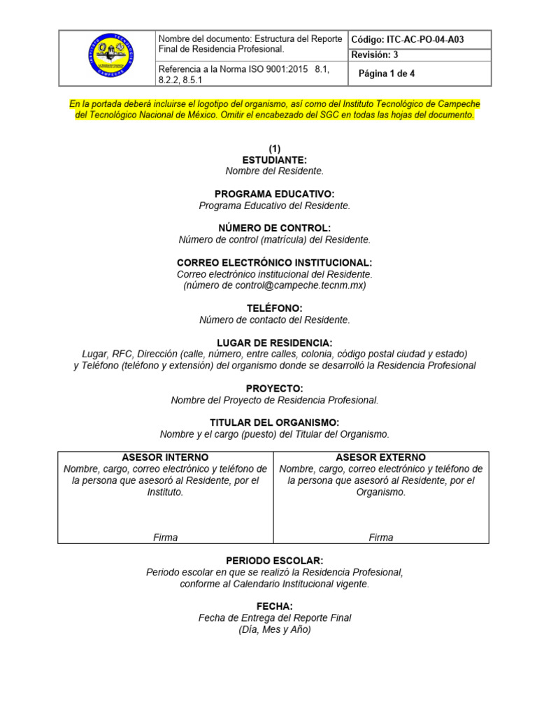 ITC-AC-PO-04-A03 Estructura Del Reporte Final de Residencia Profesional. | PDF