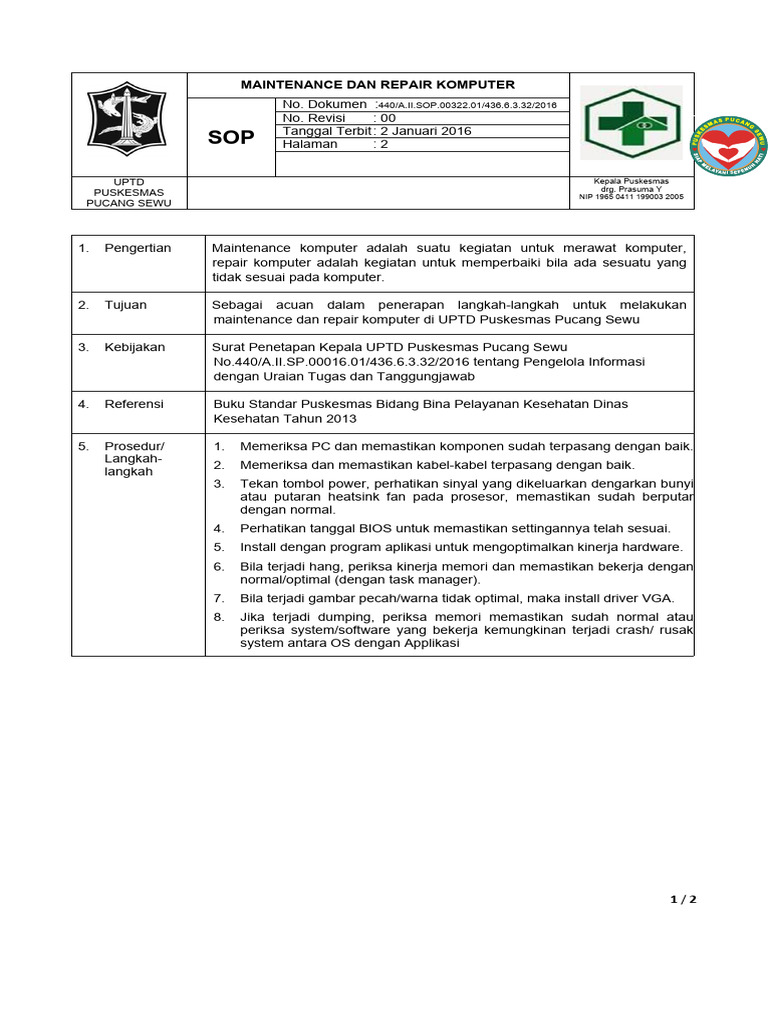 SOP Maintenance Komputer Puskesmas | PDF