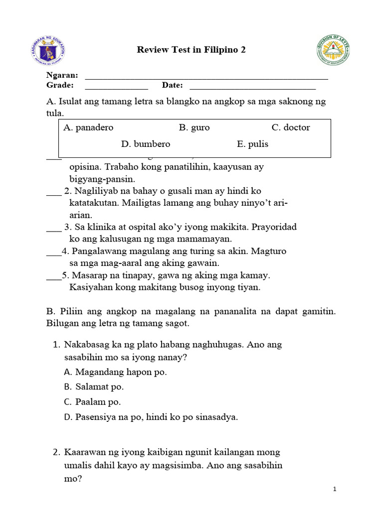 1st Quarter-Review Test in Filipino 2 2020-2021 | PDF