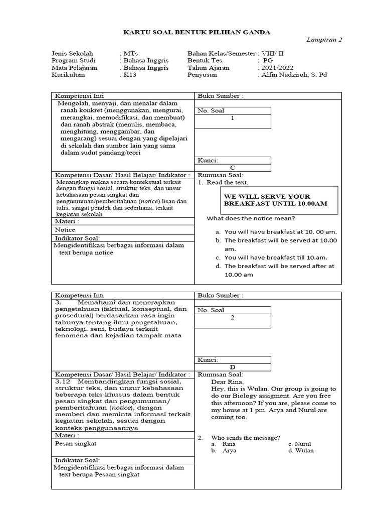 Kartu Soal Bentuk Pilihan Ganda | PDF