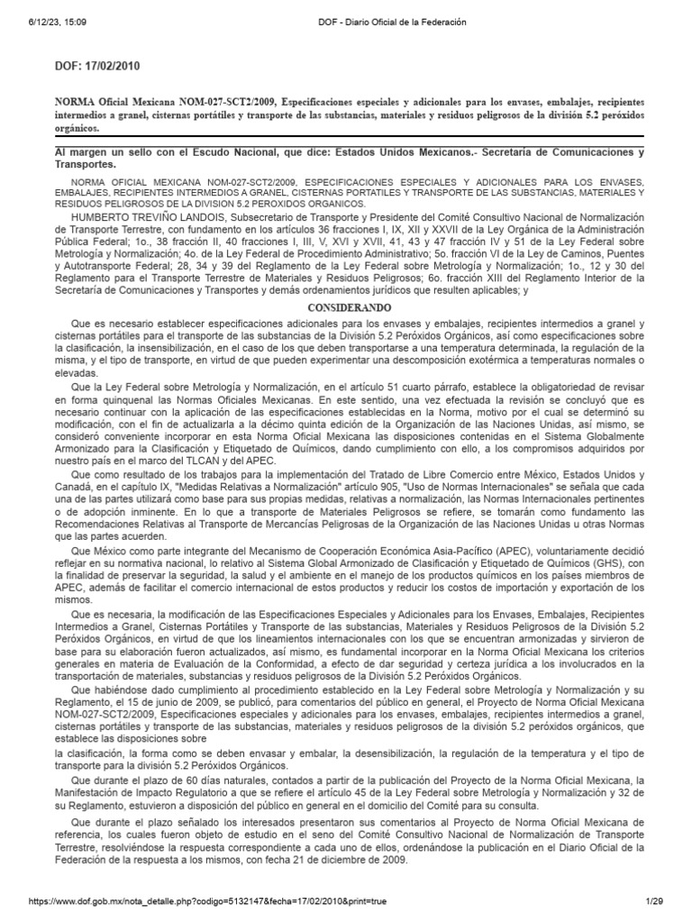 Nom 027 SCT2 2009 | Descargar gratis PDF | Peróxido | México
