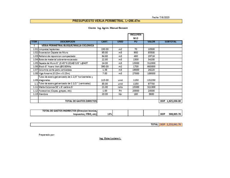 Presupuesto Verja Perimetral | PDF