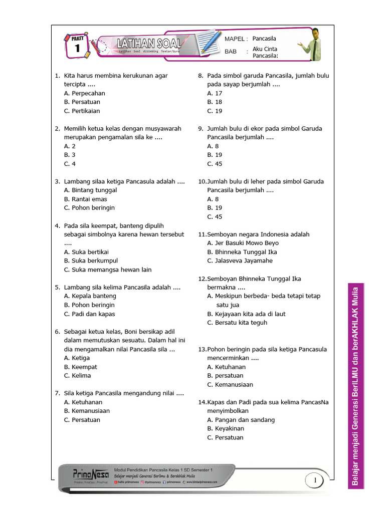 Soal Pancasila Kelas 1 Kurikulum Merdeka | PDF