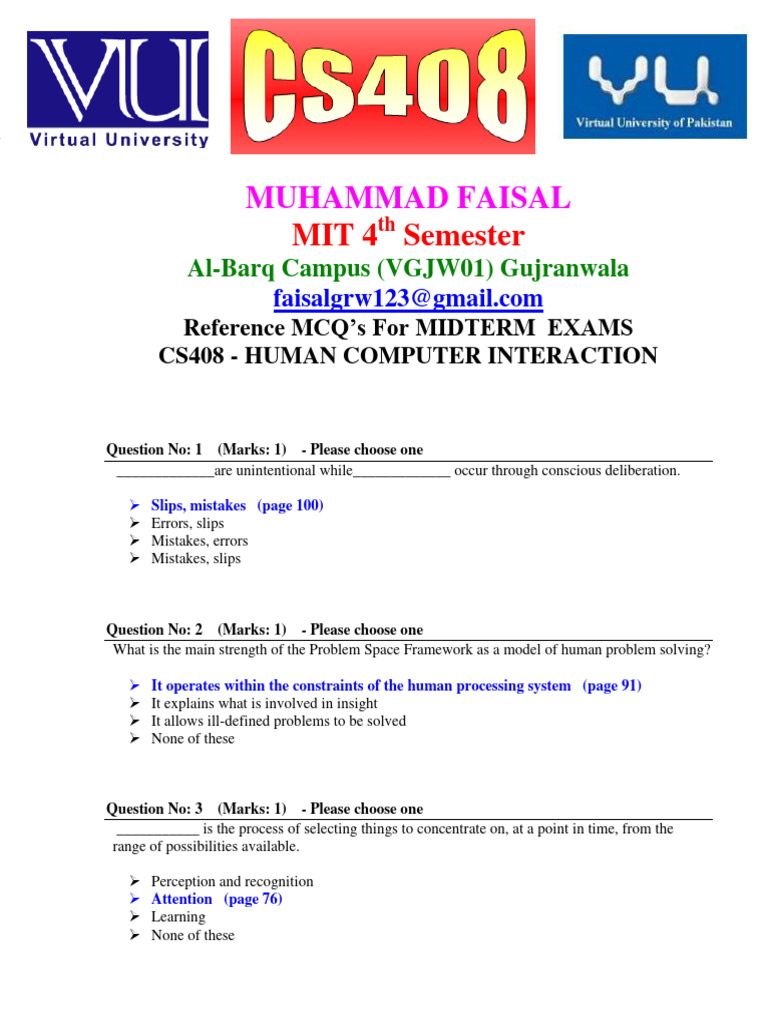 CS408 Midterm Reference MCQs | PDF | Usability | Graphical User Interfaces