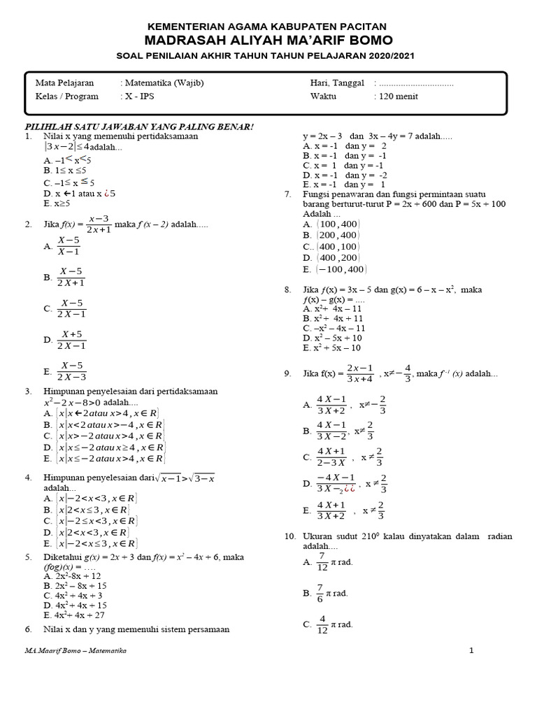 2021-Genap Soal PAT MTK Wajib Kelas X K13 | PDF