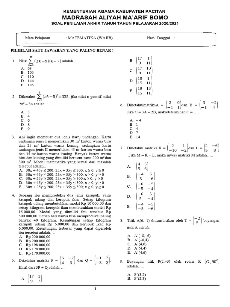 2021-Genap Soal PAT MTK Wajib Kelas XI K13 | PDF