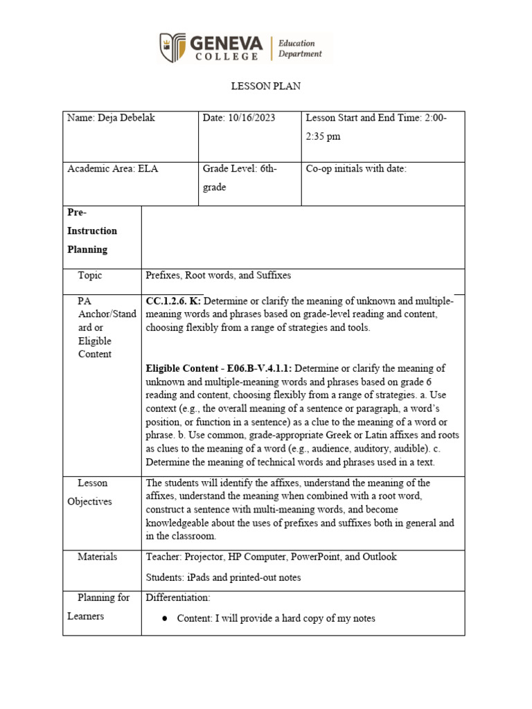 Edu 415 Lesson Plan Chart Template 1 2 | Download Free PDF | Word ...