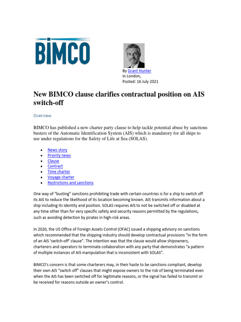 BIMCO New BIMCO Clause Clarifies Contractual Position On AIS Switch-Off ...