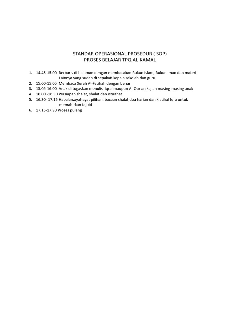 SOP Proses Belajar TPQ dan MDTA | PDF | Seni & Disiplin Bahasa | Agama ...