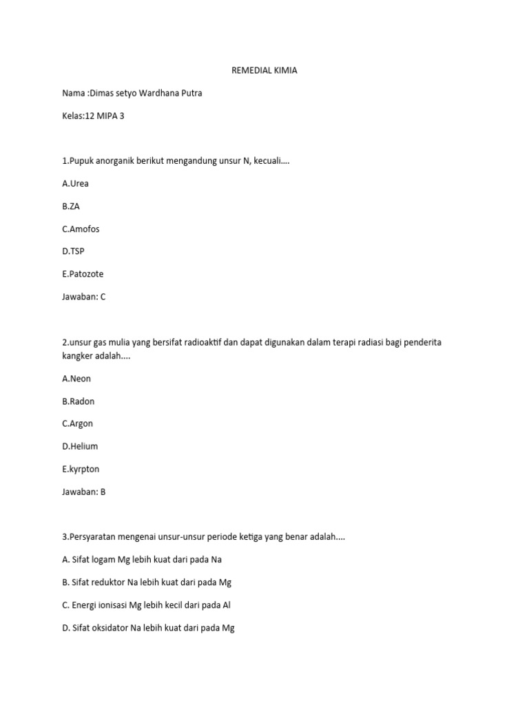 Dimas Setyo Wardhana Putra (Remedial Kimia) 12mipa3 | PDF | Sains ...