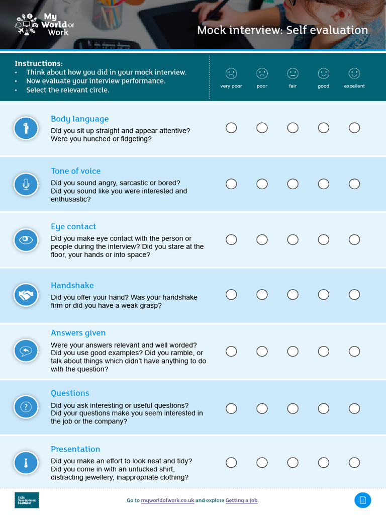 Mock Interview Self Evaluation Worksheet | PDF
