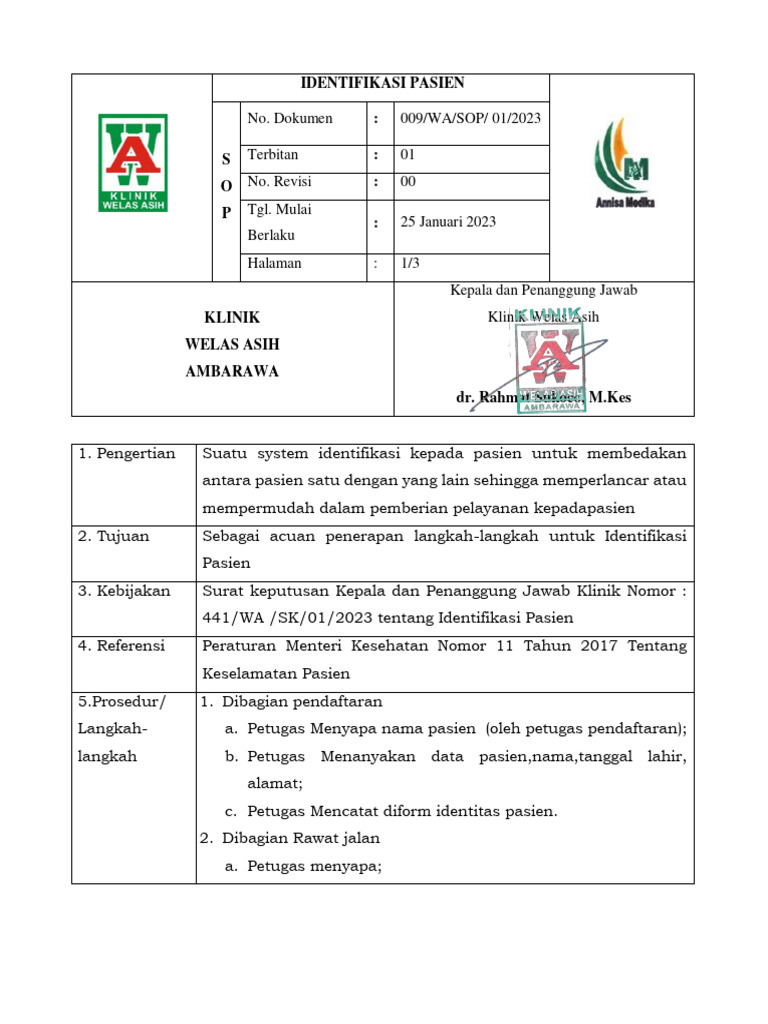 BAB II. 3. SOP Identifikasi Pasien - Sudah | PDF