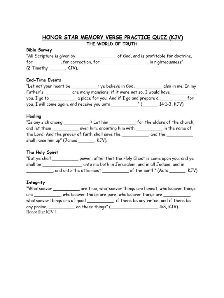 Honor Star Practice Quiz KJV | PDF | Baptism | God The Father