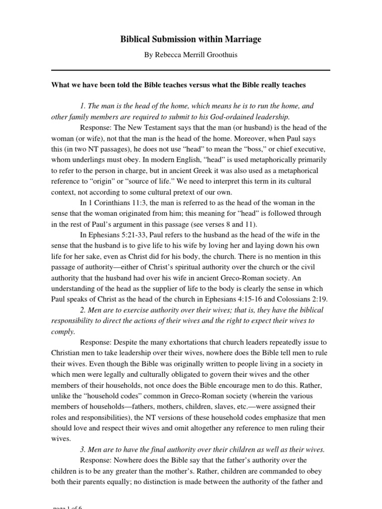 Rebecca Groothuis - Biblical Submission Within Marriage | PDF | Wife ...