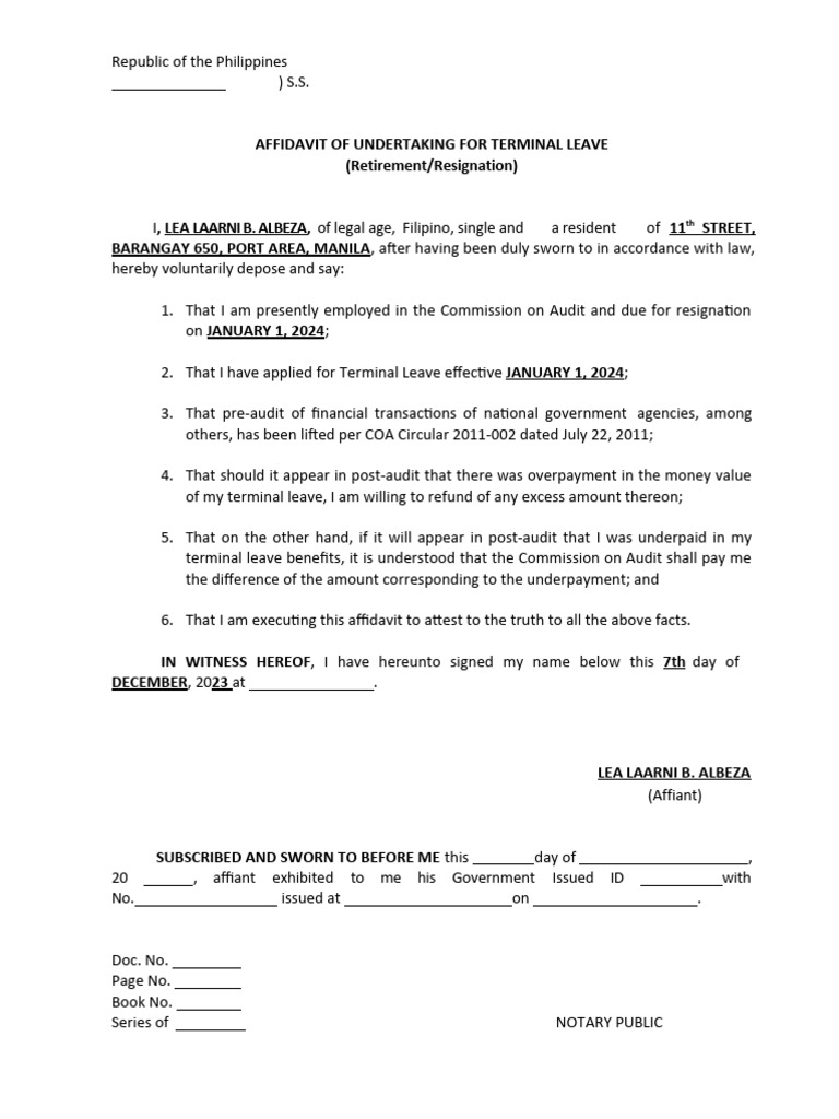 Affidavit of Undertaking For Terminal Leave RetirementResignation 1 | PDF
