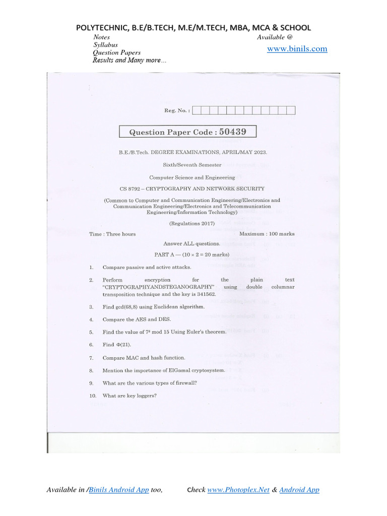 CS 8792 Cryptography and Network Security | PDF CS 8792 Cryptography and Network Security | PDF