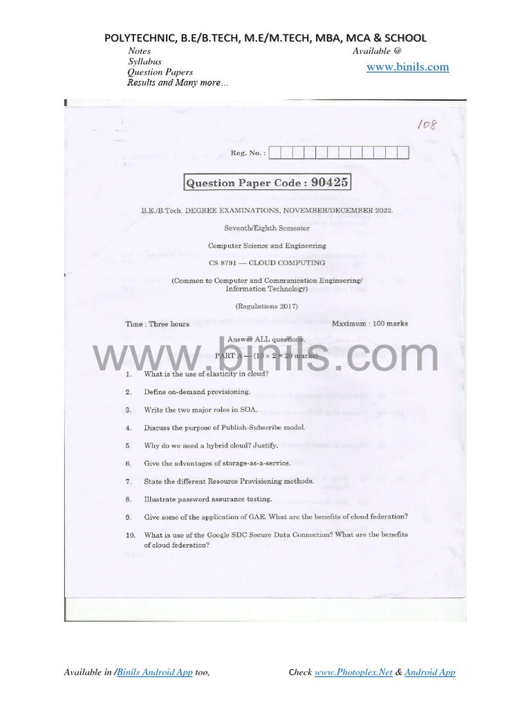 CS 8791 Cloud Computing Previous Question Paper | PDF