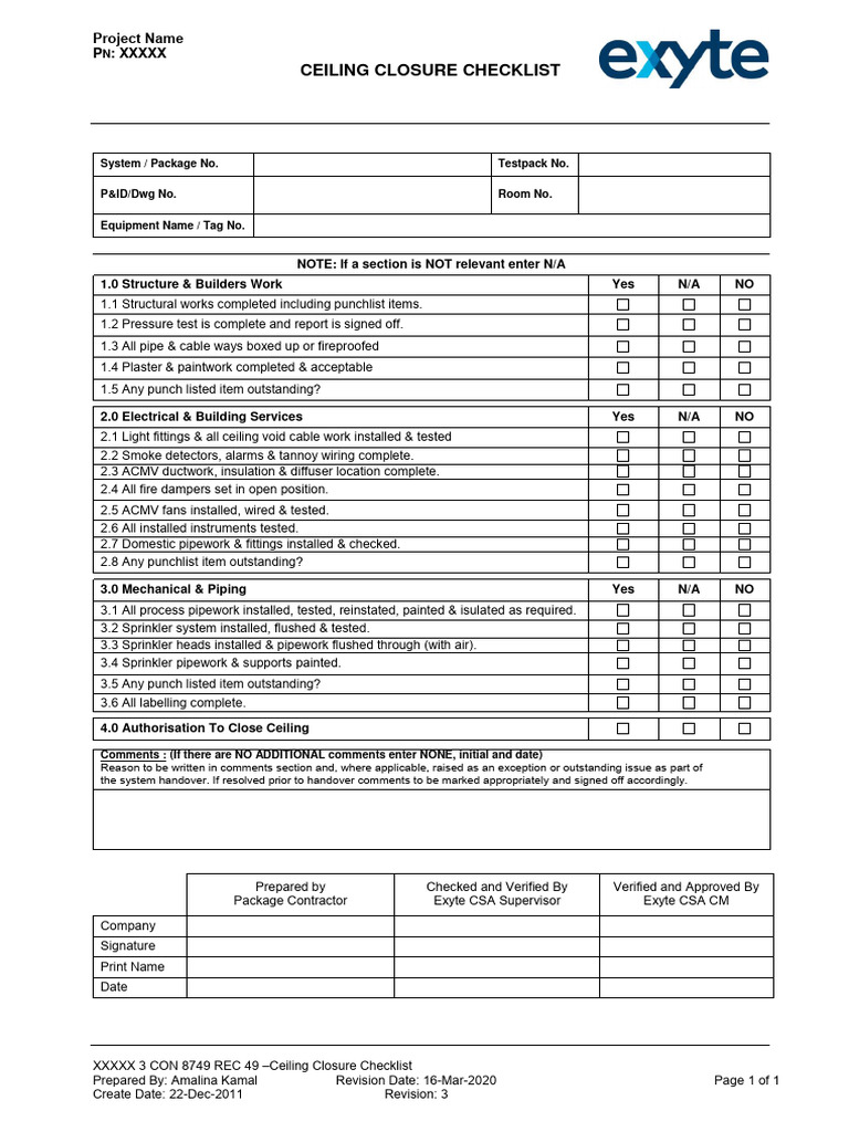 Ceiling Closure Inspection Checklist | PDF | Fire Sprinkler System ...