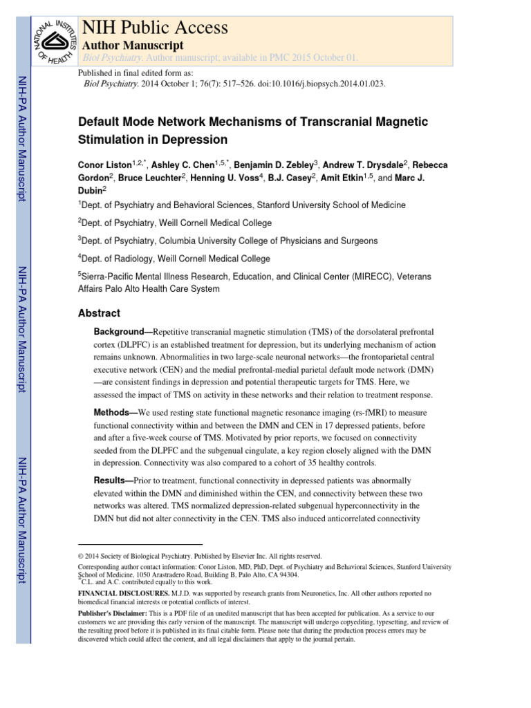Default Mode Network Mechanisms of Transcranial Magnetic | PDF | Dorsolateral Prefrontal Cortex ...