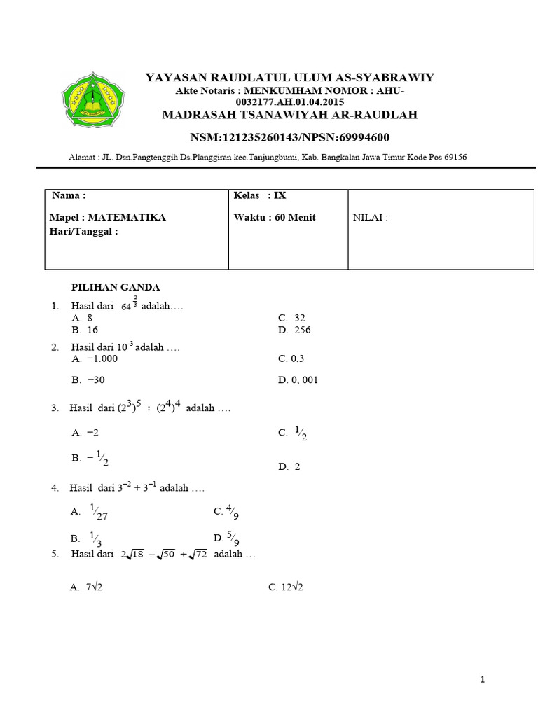 Soal MTK KLS 9 | PDF