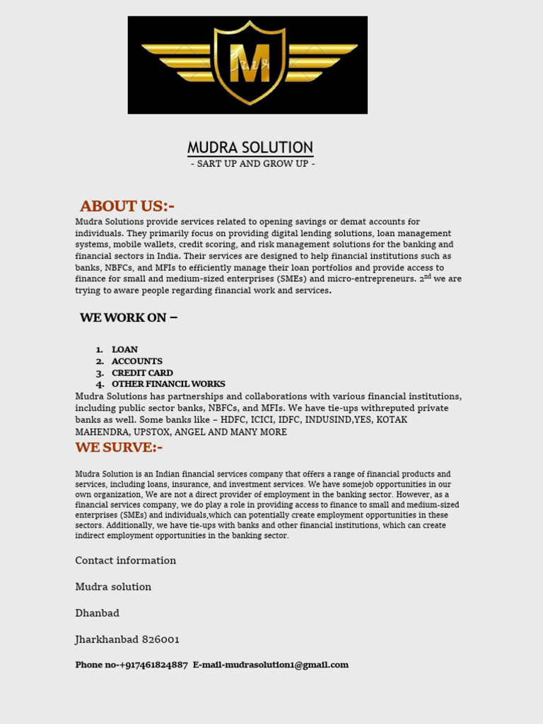 Mudra Solution Company Profile | PDF | Banks | Small And Medium Sized Enterprises