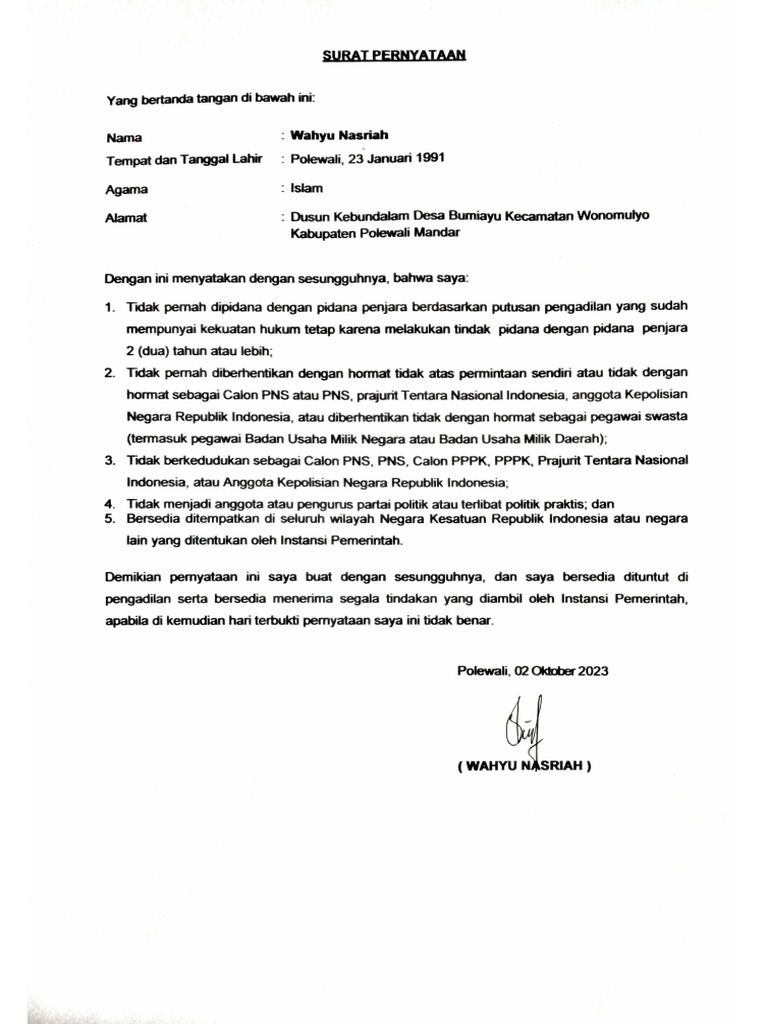 Surat Pernyataan 5 Poin Wahyu Nasriah | PDF