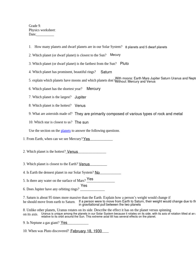 Planets Worksheet | PDF | Planets | Solar System