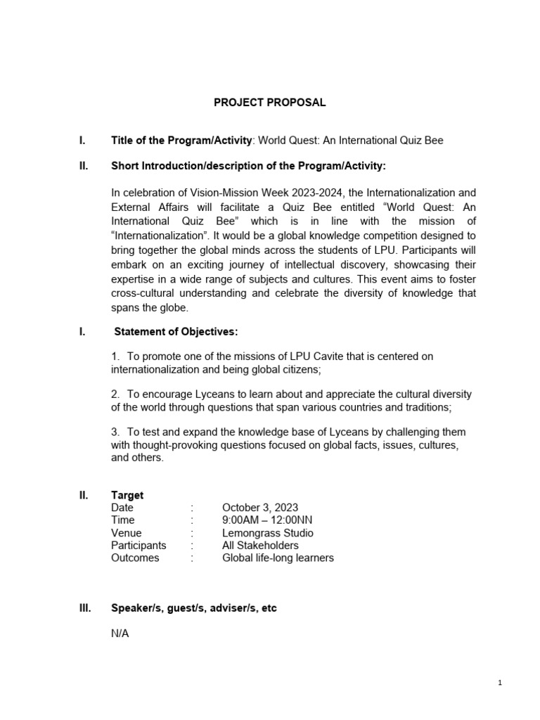 Project Proposal For Vision Mission Week 2023 2024 | PDF | Cognition ...