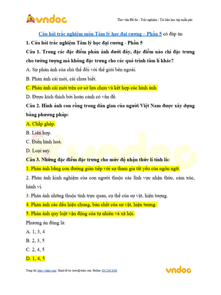 Cau Hoi Trac Nghiem Mon Tam Ly Hoc Dai Cuong Phan 5 | PDF
