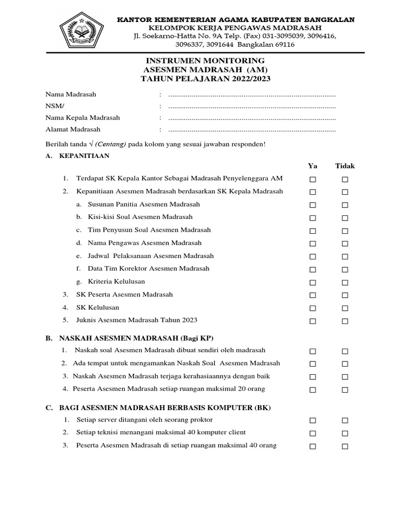 Instrumen Monitoring Asesmen Madrasah 2023 | PDF