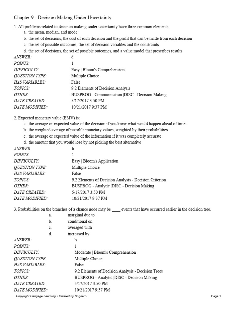 Chapter 9 Decision Making Under Uncertainty | PDF | Decision Theory | Risk Aversion