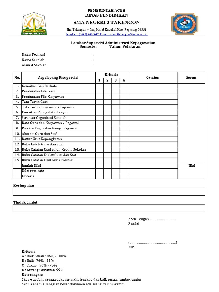 Instrumen Supervisi Tendik | PDF