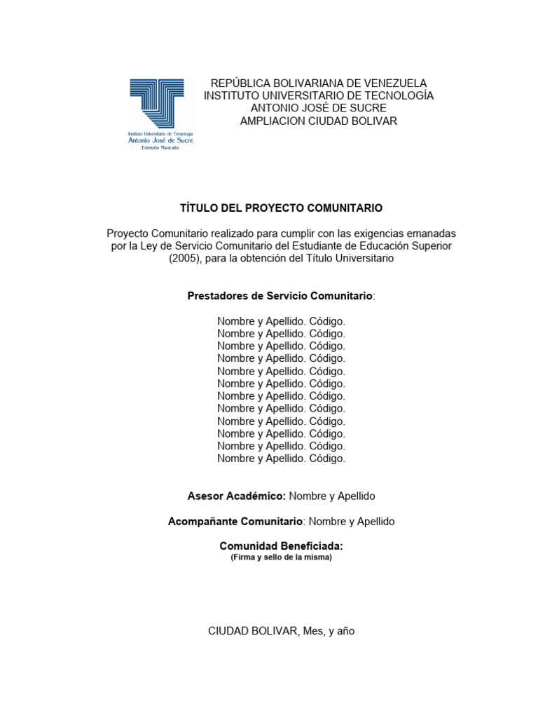 Uts SC Portada Del Proy de Servicio Comunitario | PDF