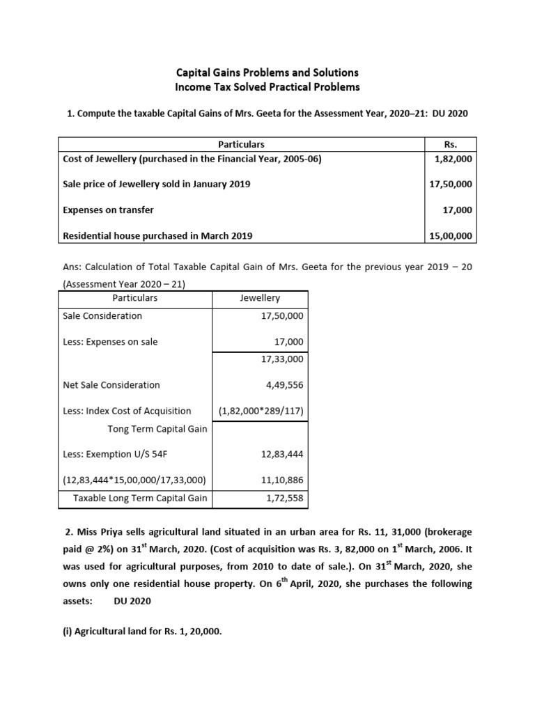 CAPITAL GAIN SUMS WITH SOLUTION | PDF | Capital Gain | Capital Gains Tax