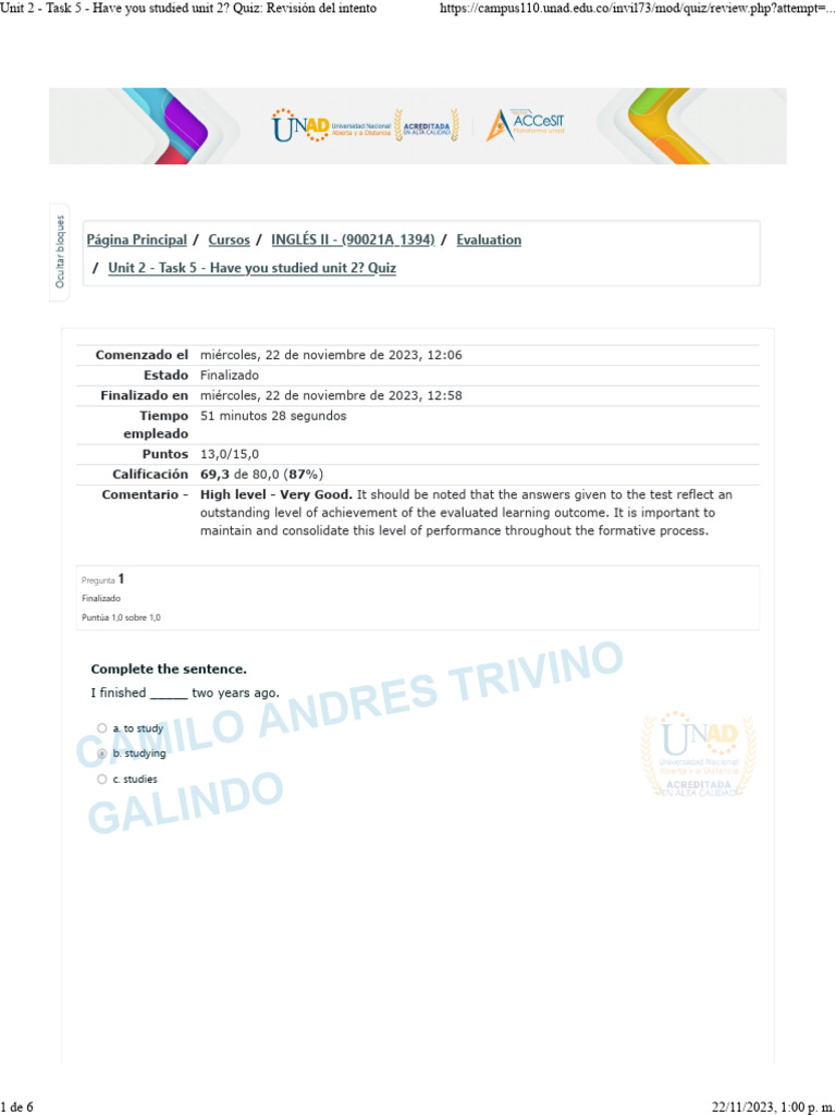 Unit 2 - Task 5 - Have You Studied Unit 2 Quiz Revisión Del Intento | PDF