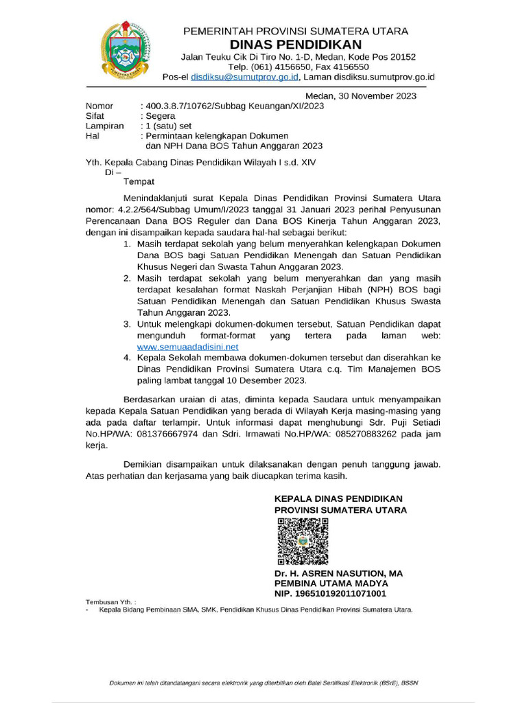 Surat NPH BOS & Lampiran | PDF