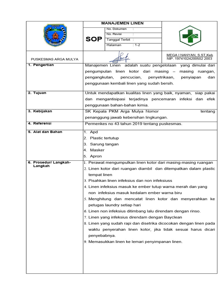 SOP LINEN - MANAJEMEN-LINEN-fix | PDF