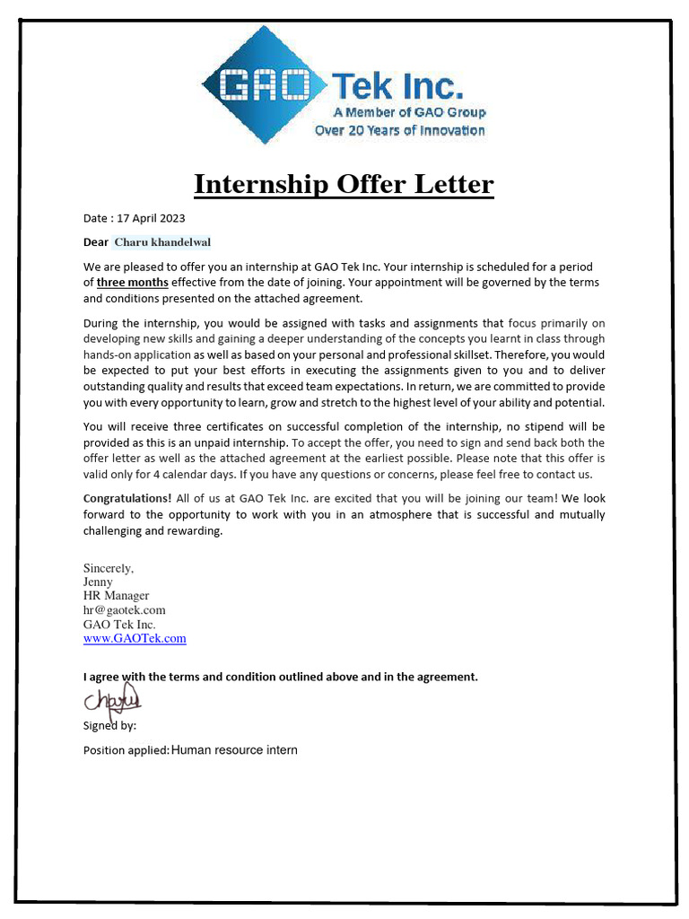 Charu Khandelwal Internship Offer Letter | PDF