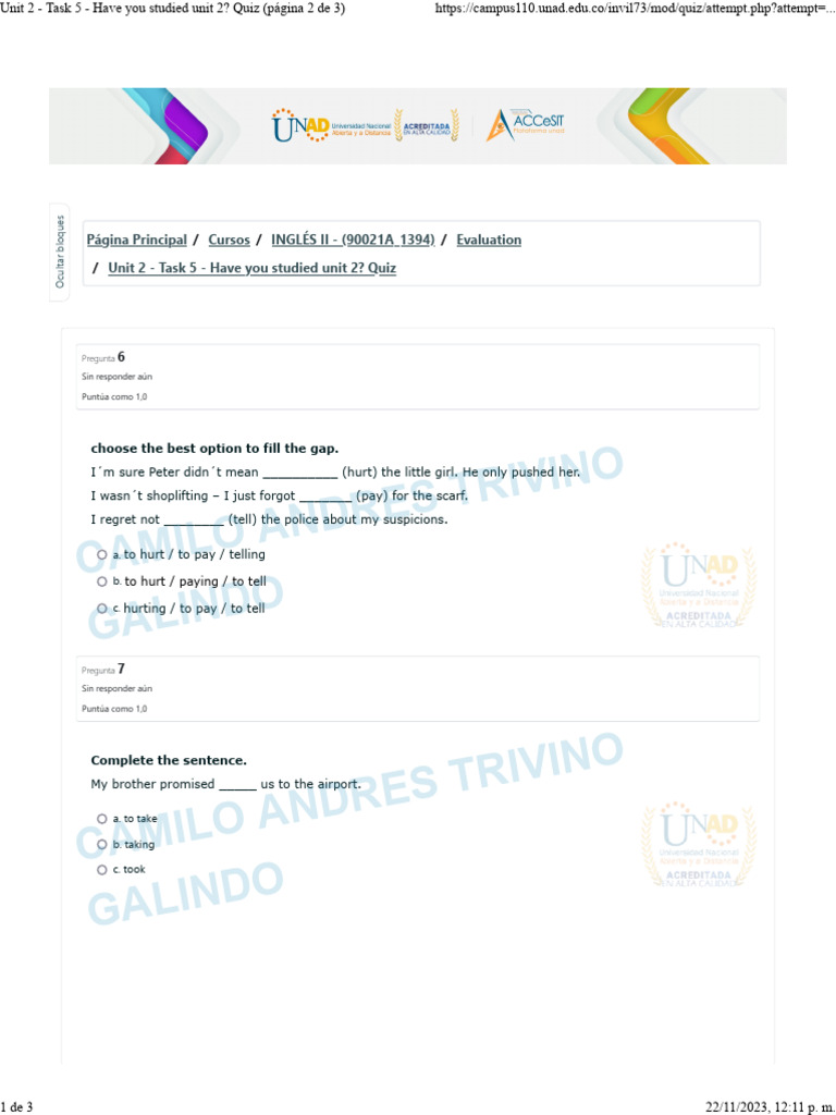 Unit 2 - Task 5 - Have You Studied Unit 2 Quiz (Página 2 de 3) | PDF