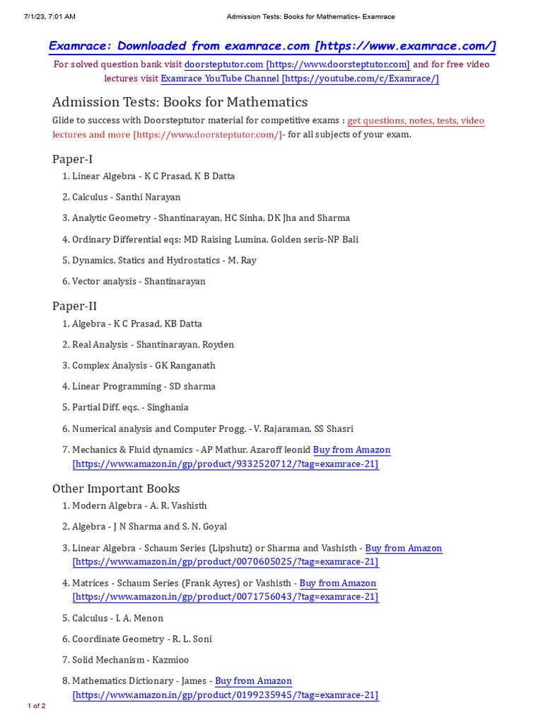 Mathematics-Book-List | PDF | Mathematical Analysis | Mathematics