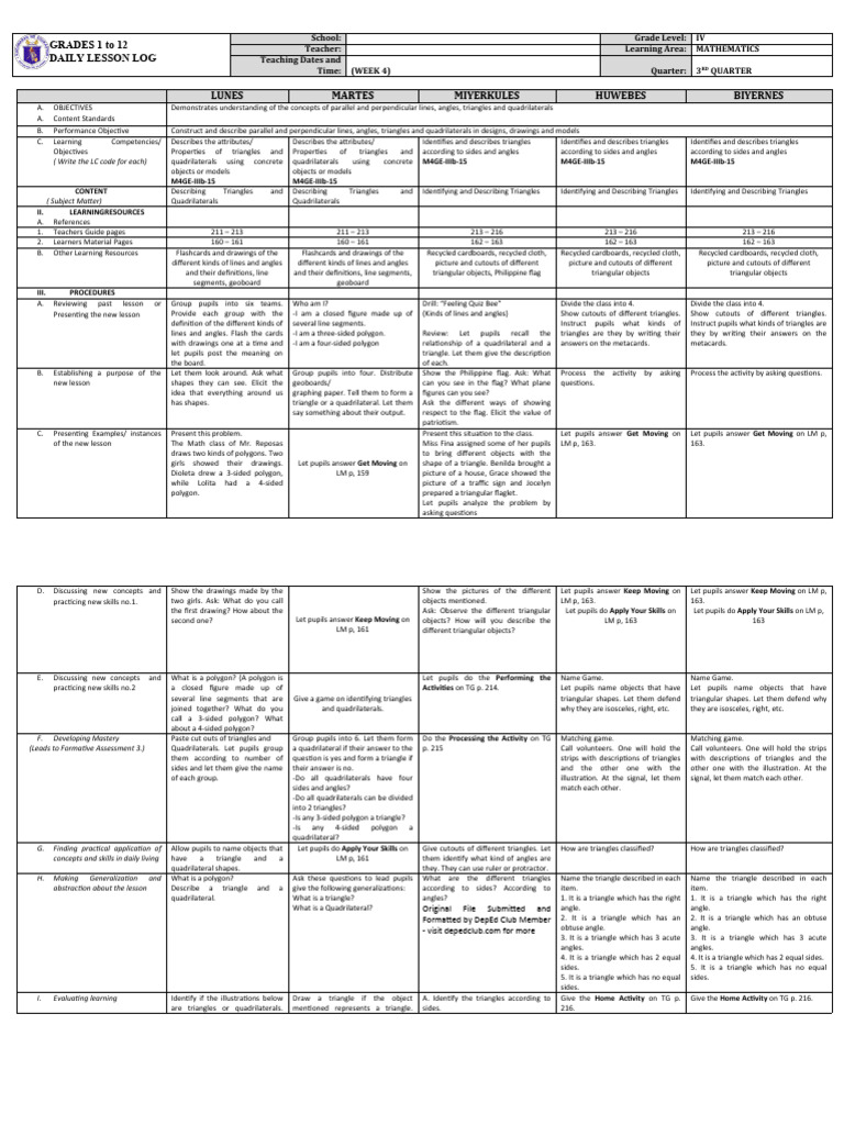 DLL - Mathematics 4 - Q3 - W4 | PDF | Triangle | Shape