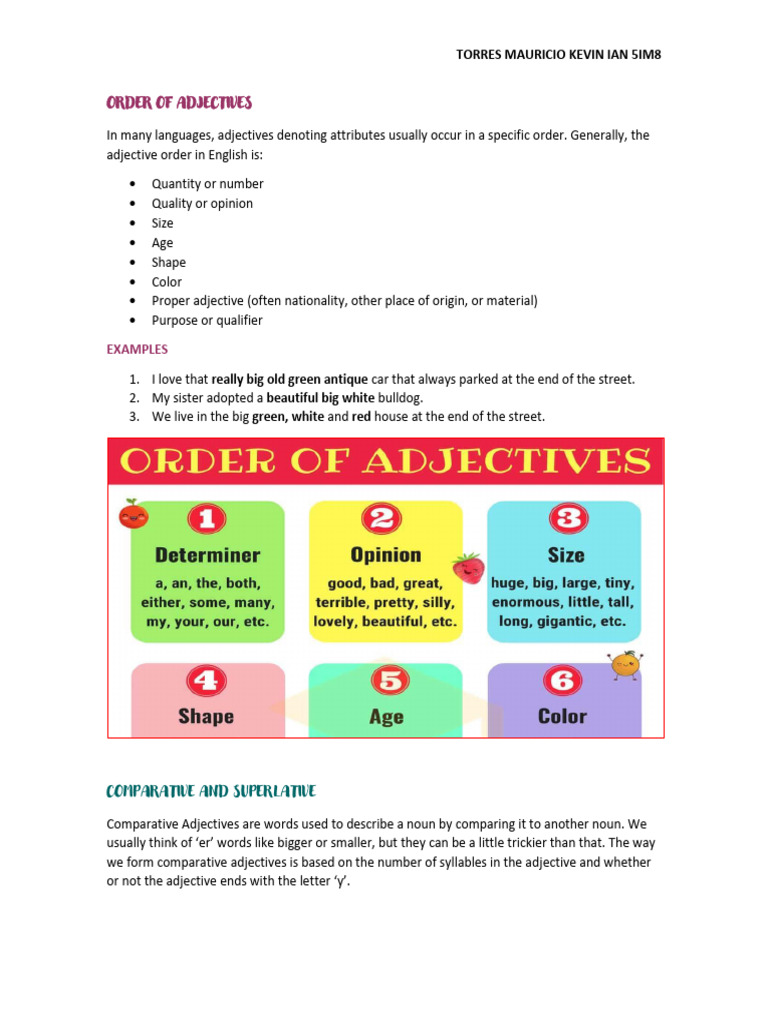 Order of Adjectives and Comparative and Superlative Adjectives. | PDF ...