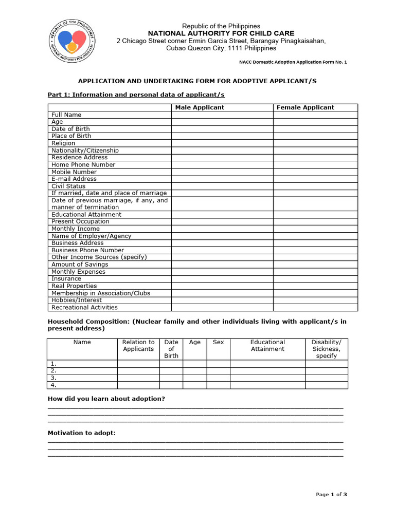 11.) Application and Undertaking For Adoptive Applicants Template As of ...