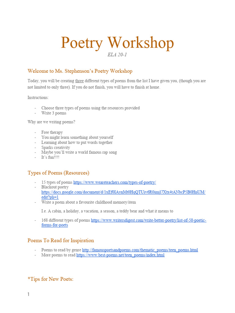 Poetry Workshop Ela 20-1 1 | PDF