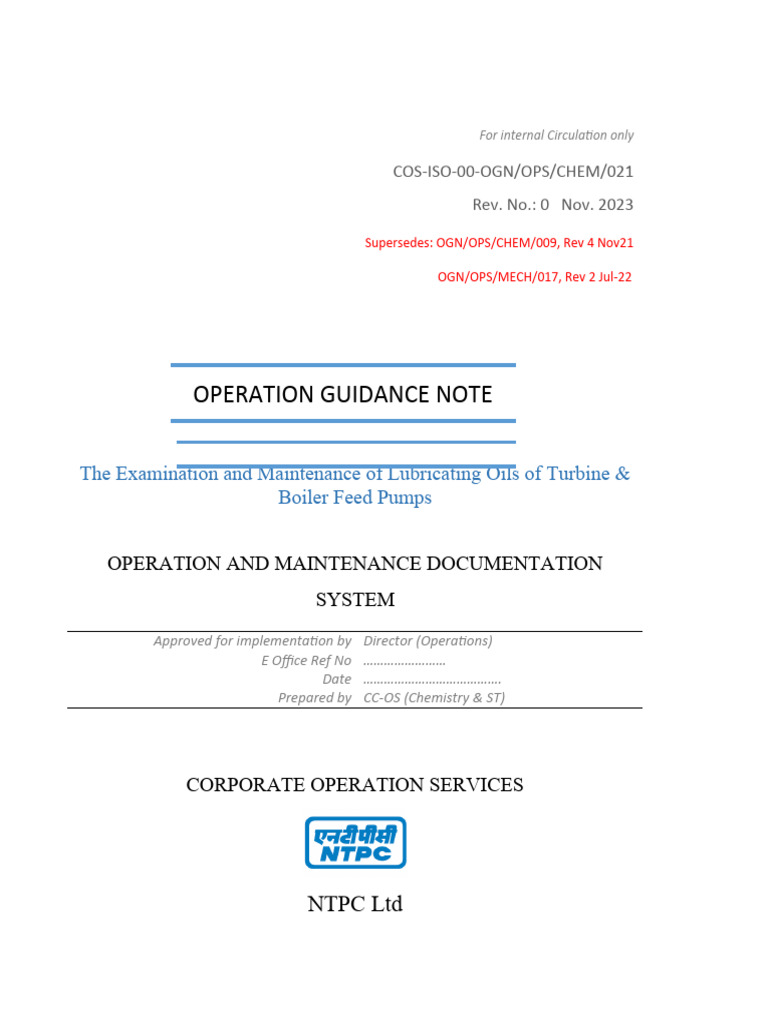 Draft OGN-OPS-CHEM-021 Rev. 0 On Examination and Maintenance of Lub Oils of Turbine and Boiler ...