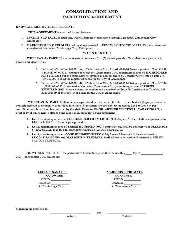 CONSOLIDATION AND PARTITION AGREEMENT Sample TRUMATA | PDF | Land Law ...