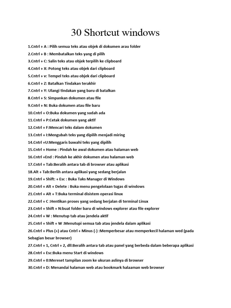 30 Shortcut Windows | PDF | Metode & Bahan Ajar | Komputer