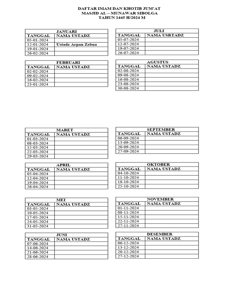 DAFTAR IMAM DAN KHOTIB JUM'AT 2024 | PDF DAFTAR IMAM DAN KHOTIB JUM'AT 2024 | PDF