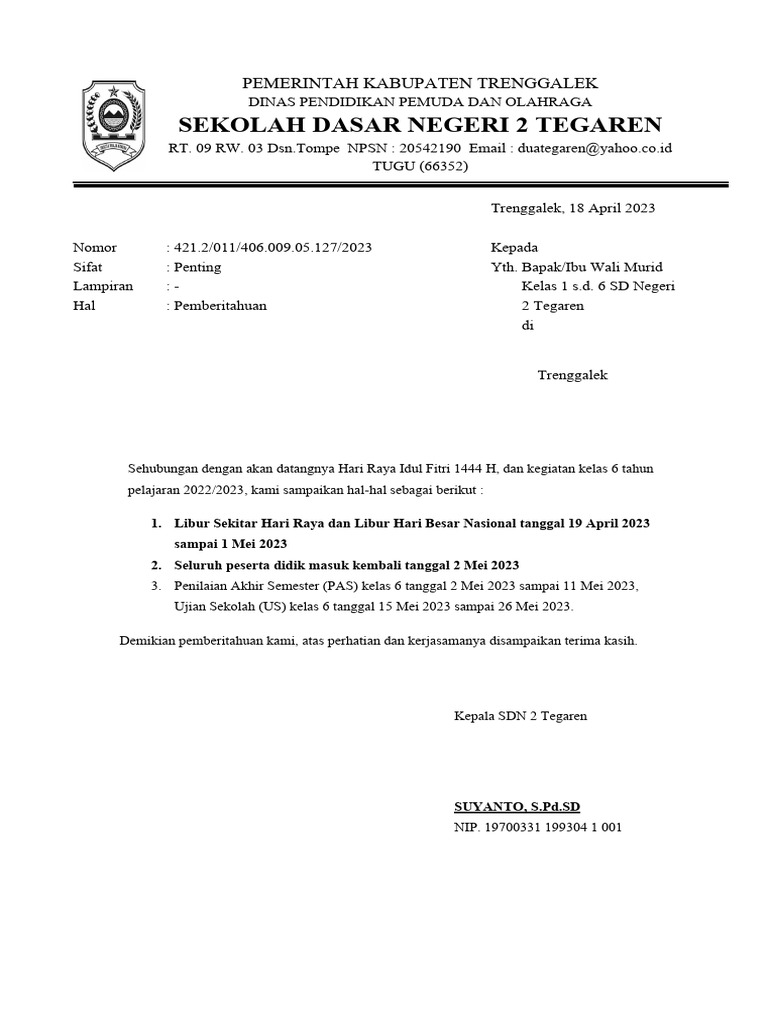 SURAT PEMBERITAHUAN HARI LIBUR | PDF