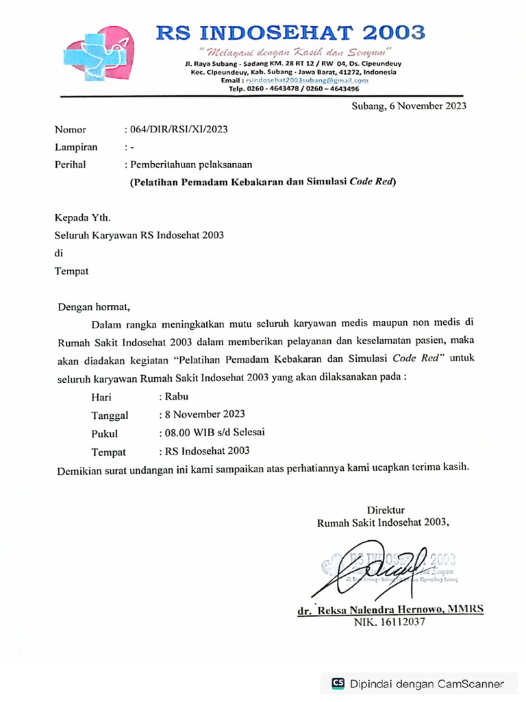 Undangan Pelatihan Pemadam Kebakaran & Simulasi Code Red Karyawan RS ...